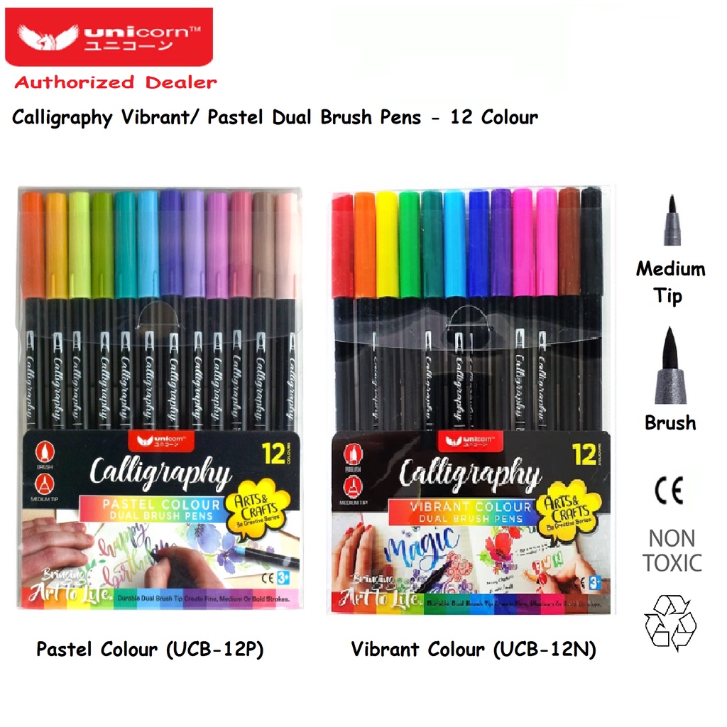 Unicorn Calligraphy Dual Brush Pens Vibrant Colour or Pastel Colour (12 ...