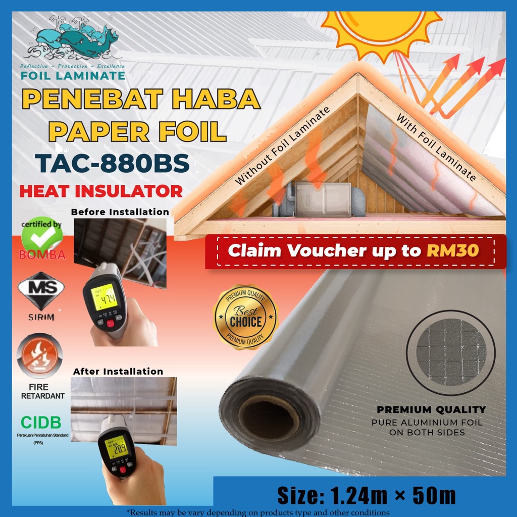 TAC-880BS Aluminium Foil Paper Foil (50M-L) Penebat Haba Bumbung Rumah ...