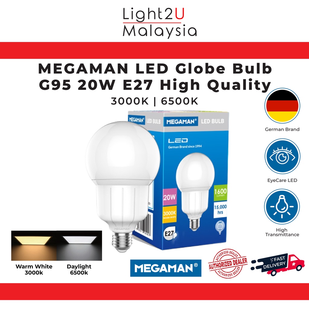 MEGAMAN LED Globe Bulb G95 20W E27 YTG95C1 || Light Bulb Mentol Lampu ...
