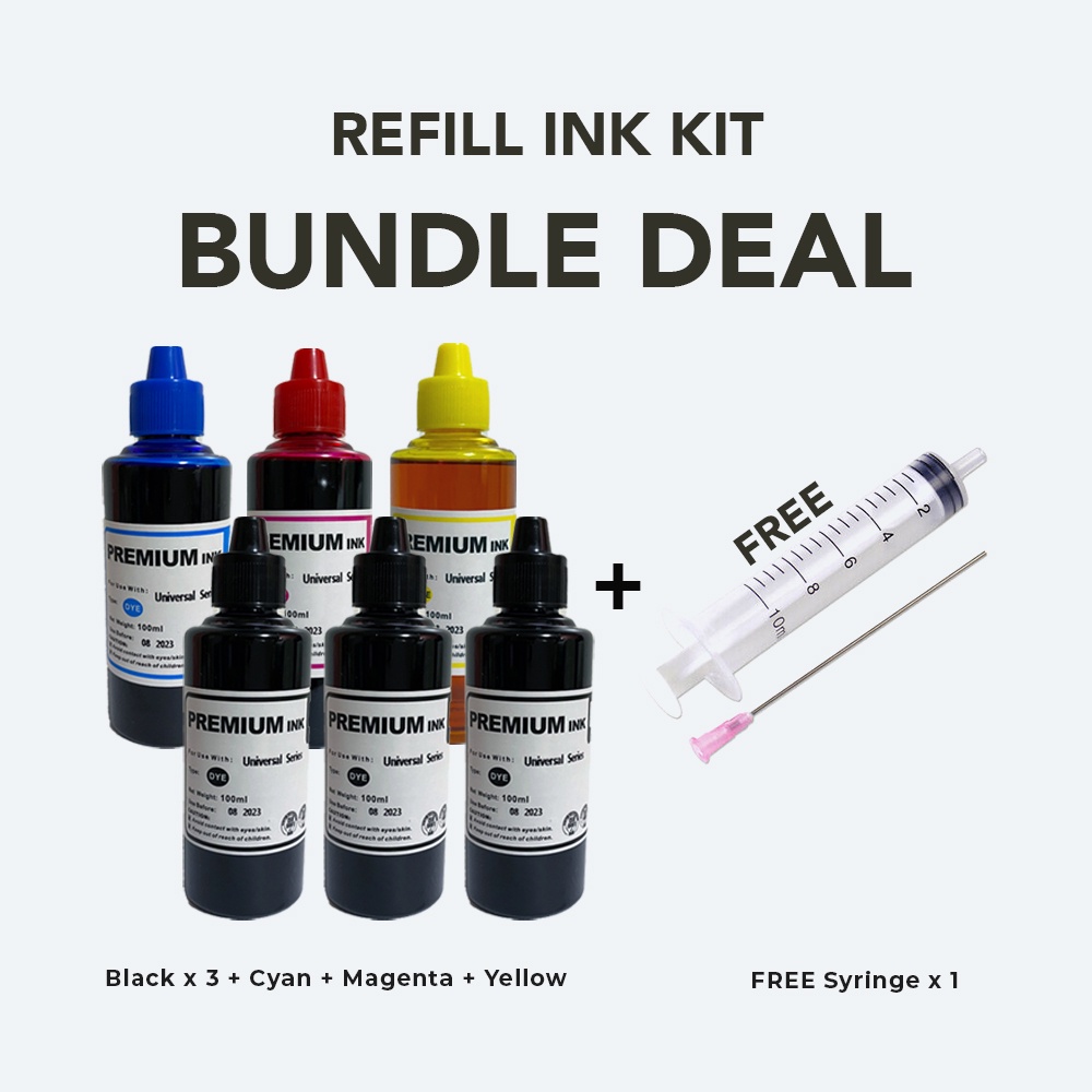 Universal Refill Ink (6 In 1 Set+FREE 1 SYRINGE - 100ml) For Epson / HP ...