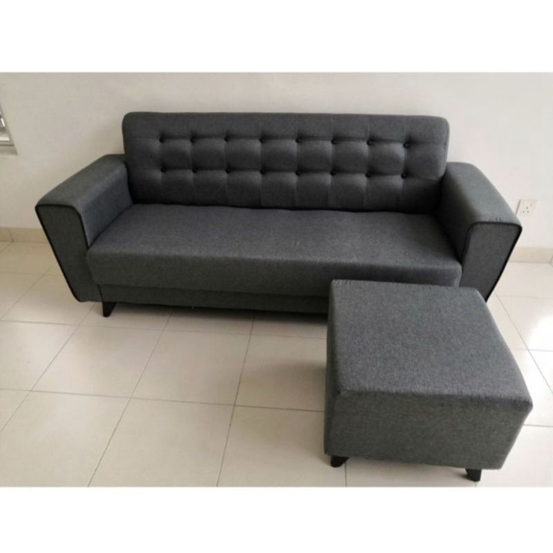 ( Sofa L)*READY STOCK* 3 Seater Leather & Fabric Sofa *FREE Stool* L ...
