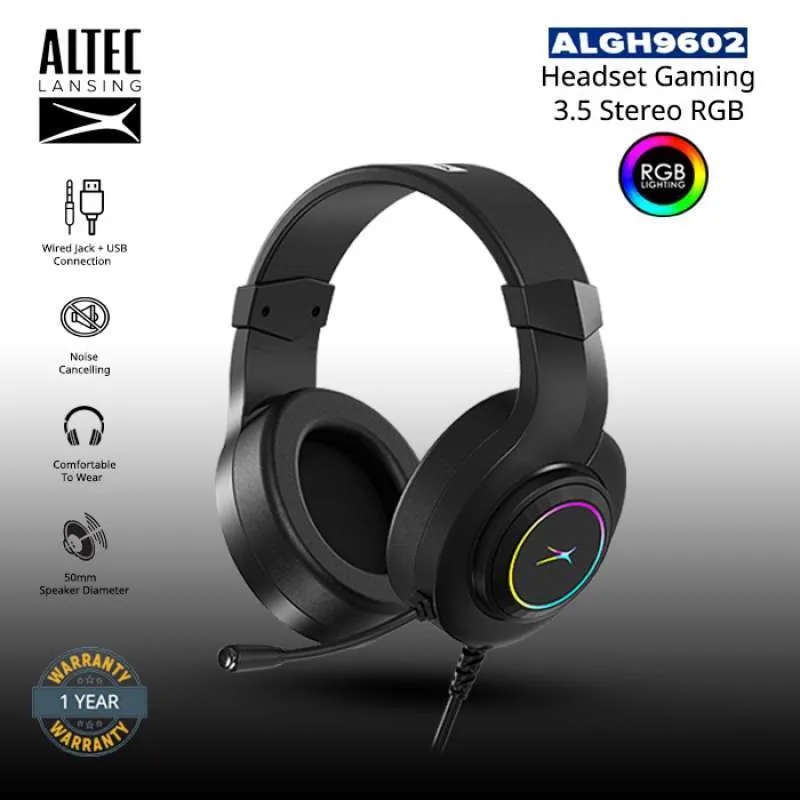 50mm Altec Lansing ALGH9602 3.5RGB Wired Gaming Headphone 3.5mm / USB ...