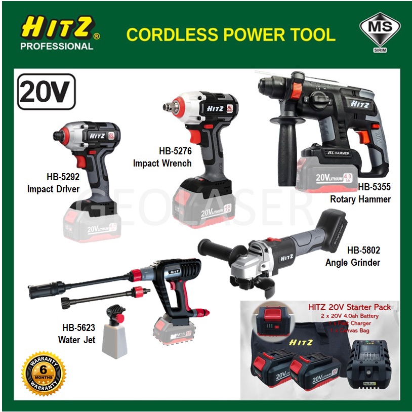 HITZ 20V CORDLESS 2-TOOLS COMBO ROTARYHAMMER, ANGLE GRINDER, IMPACT ...