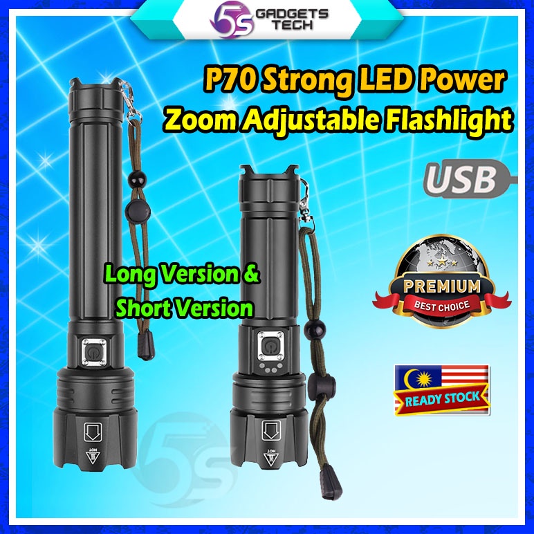 5S Premium LED Torch Light USB Chargeable P70 Adjustable LED Strong ...