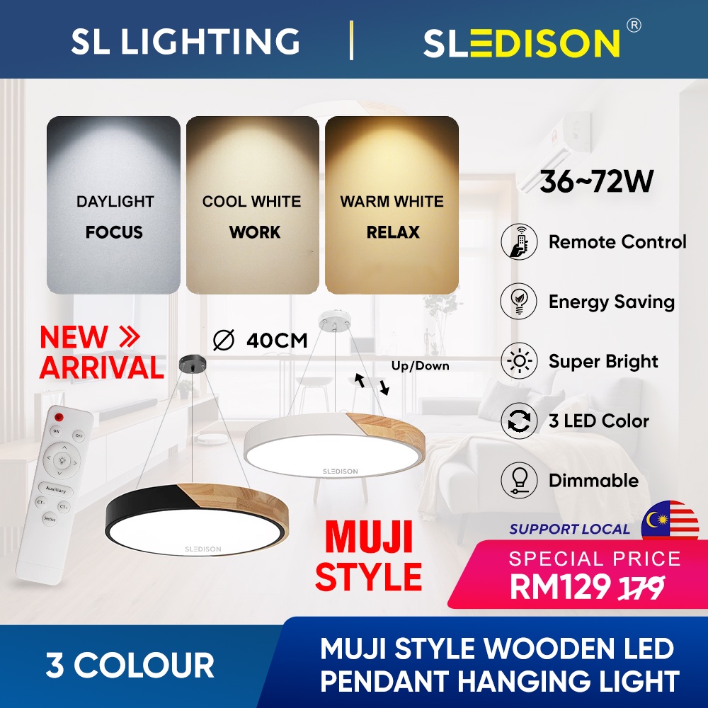 SL EDISON Wooden Remote Dimmable LED Pendant Light Ceiling Hanging ...