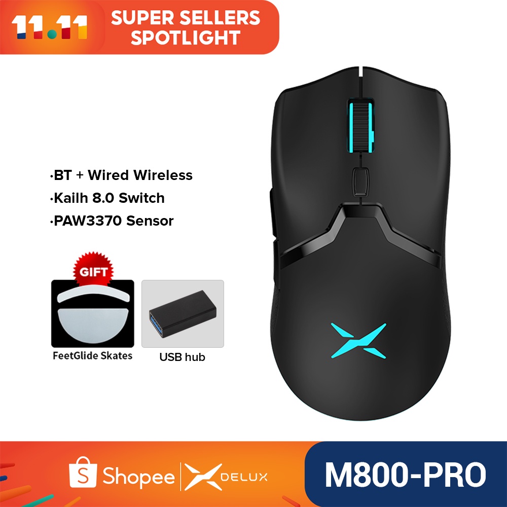 DELUX M800 Pro RGB Optical Rechargeable Programmable Wireless Gaming Mouse Type C Wired 19000 ...