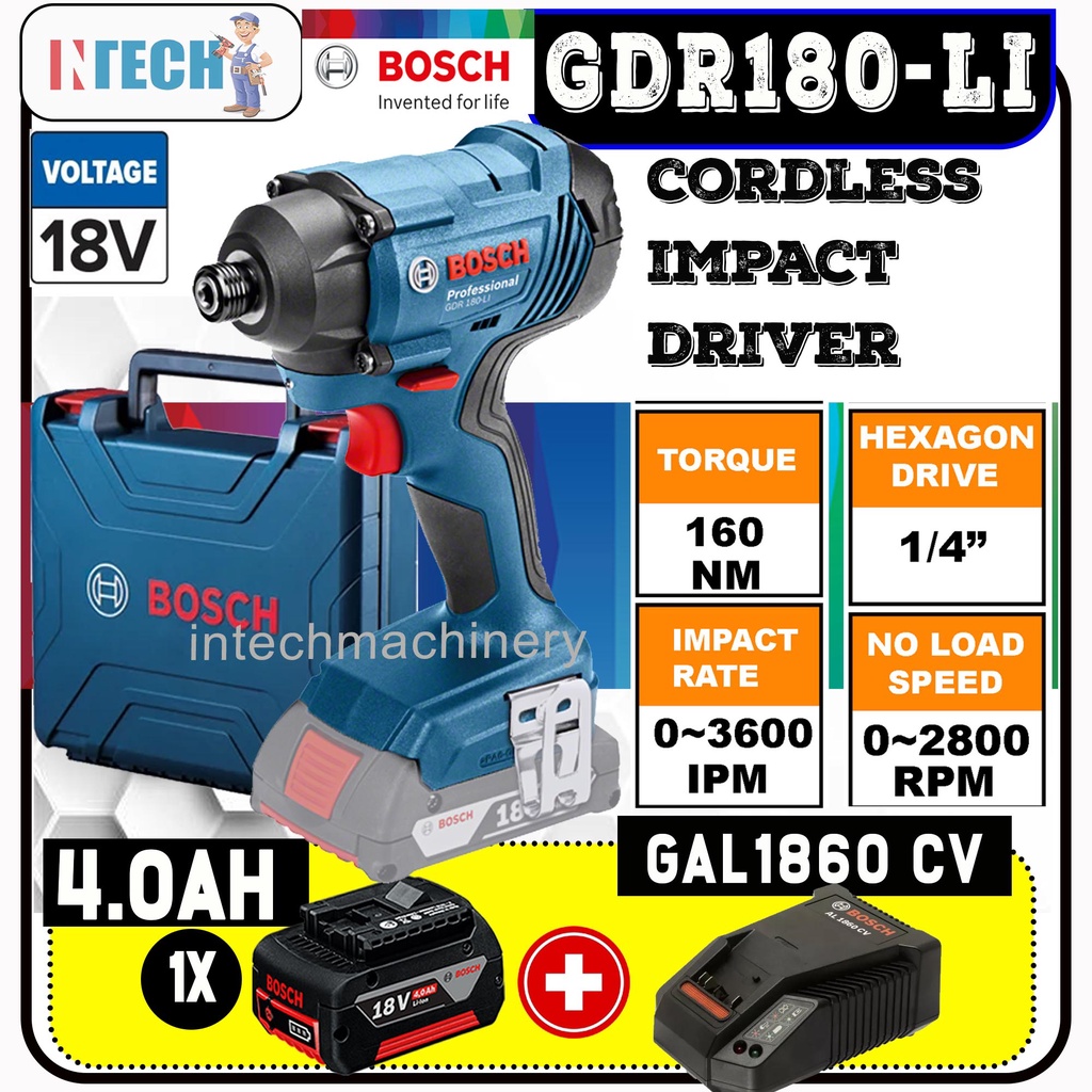 BOSCH GDR180-LI CORDLESS IMPACT DRIVER(1x AL1860CV CHARGER+1x 18V 4.0AH ...
