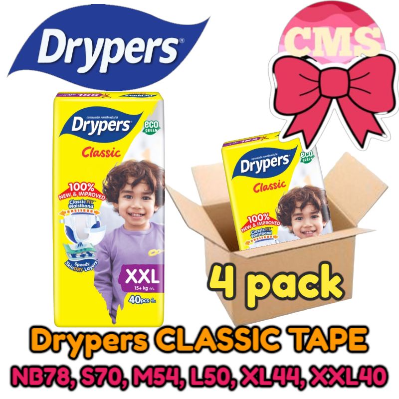 Drypers Classic Tape (NB78 ,S70, M54, L50, XL44, XXL40) X 4 Packs ...