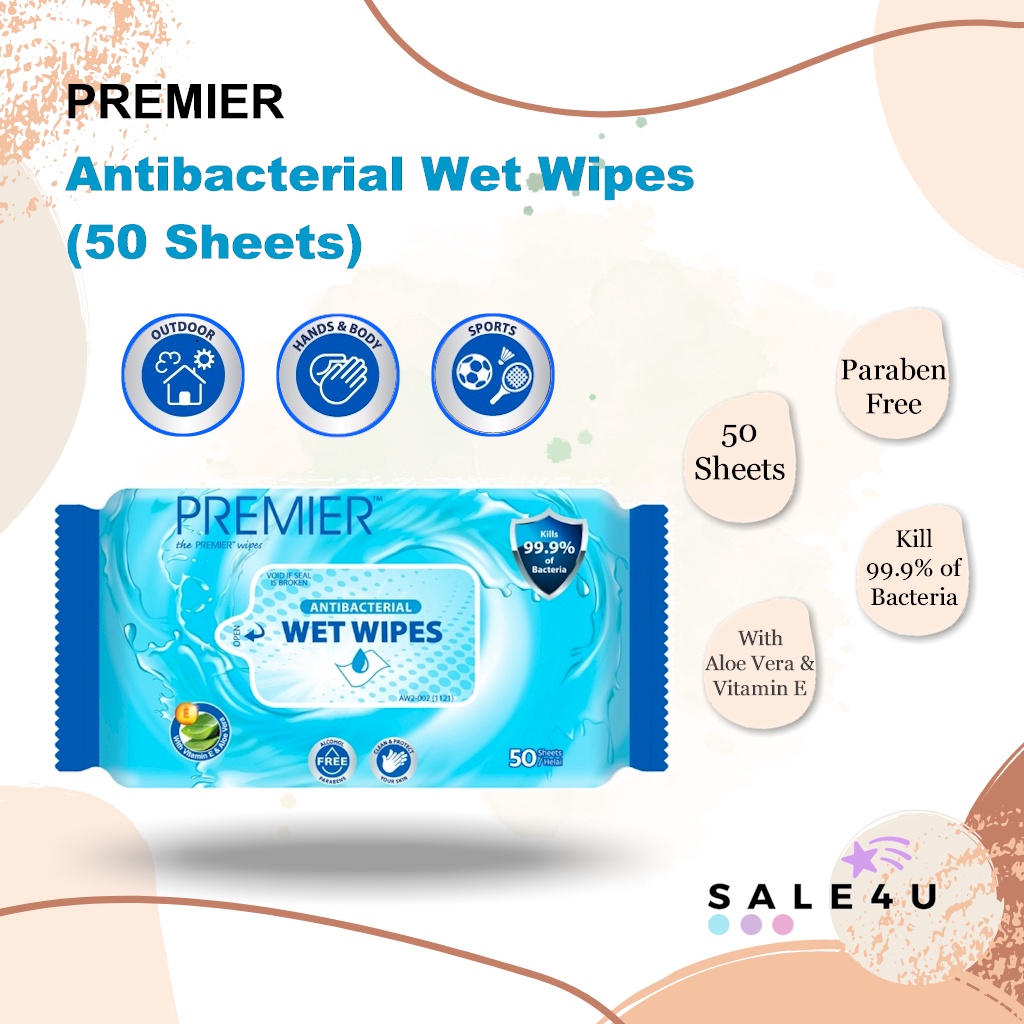 Premier Antibacterial Wet Wipes Sanitizing Tissue Tisu Basah Kill 99.9% ...