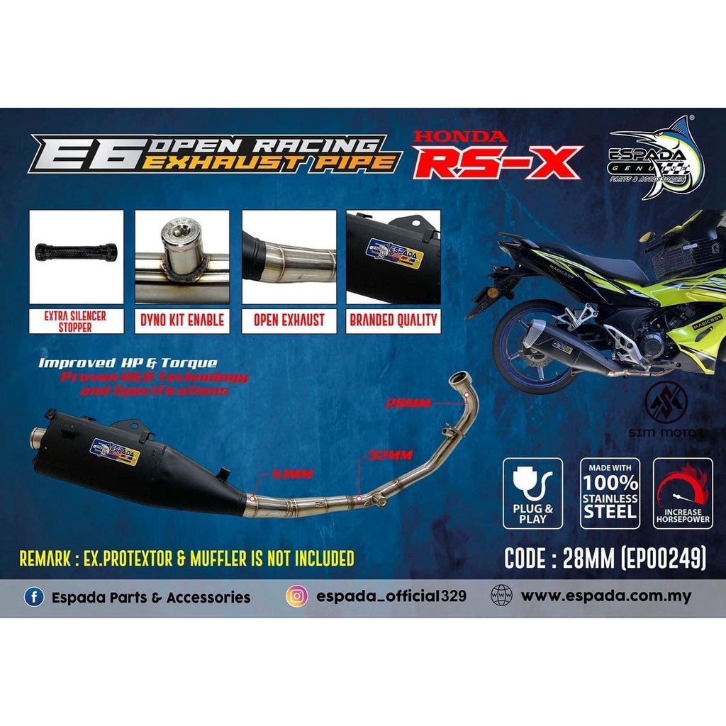 ESPADA E6 RSX RSX150 RS-X STANDARD CUTTING RACING EXHAUST PIPE 28MM 30MM 32MM EKZOS PAIP ...
