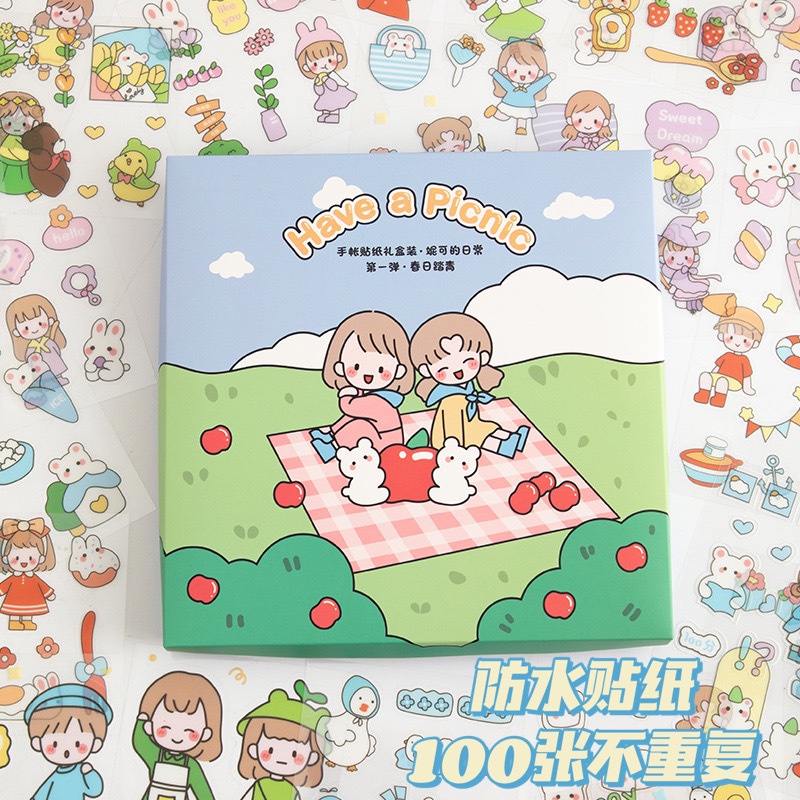 100 Sheets/Box Cute Girl Cartoon Stickers PET Handbook Stickers ...