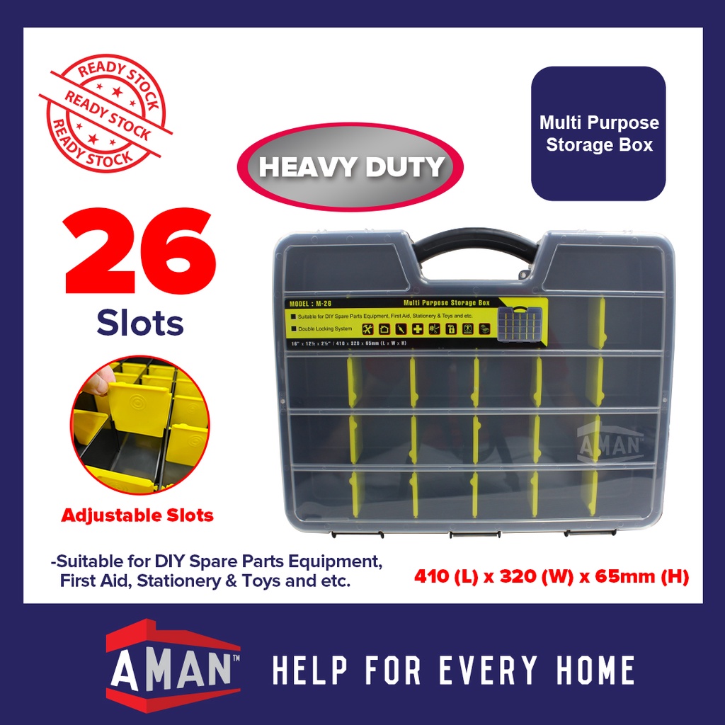 AMAN 26 Slots Heavy Duty Hard Plastic Adjustable Tool Box Hand Storage ...