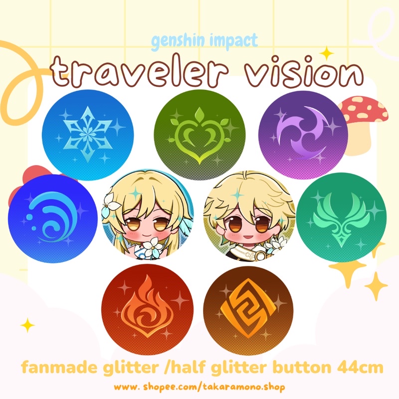 Traveler & Vision Genshin Impact Glitter Button Badge Aether Lumine ...