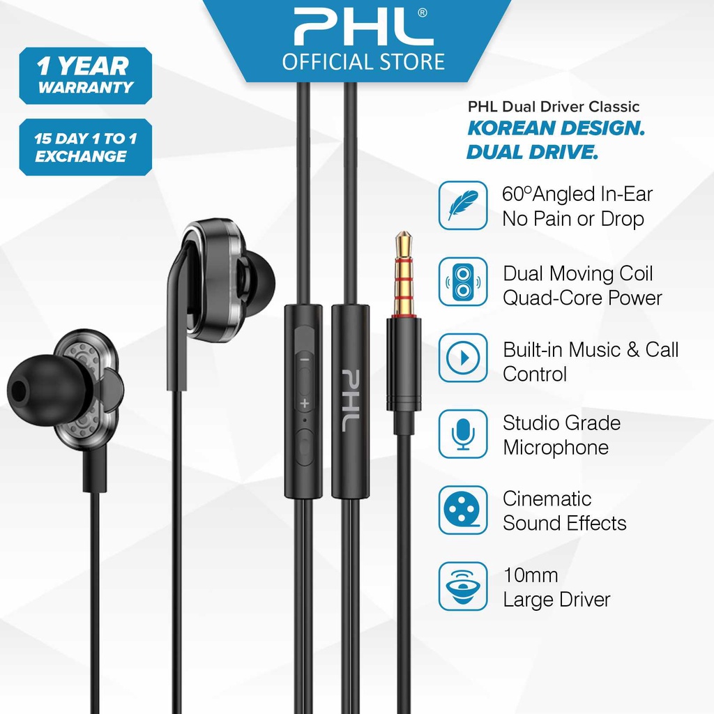 PHL Dual Driver Classic In-Ear Headphones Dual Moving Coil Real ...