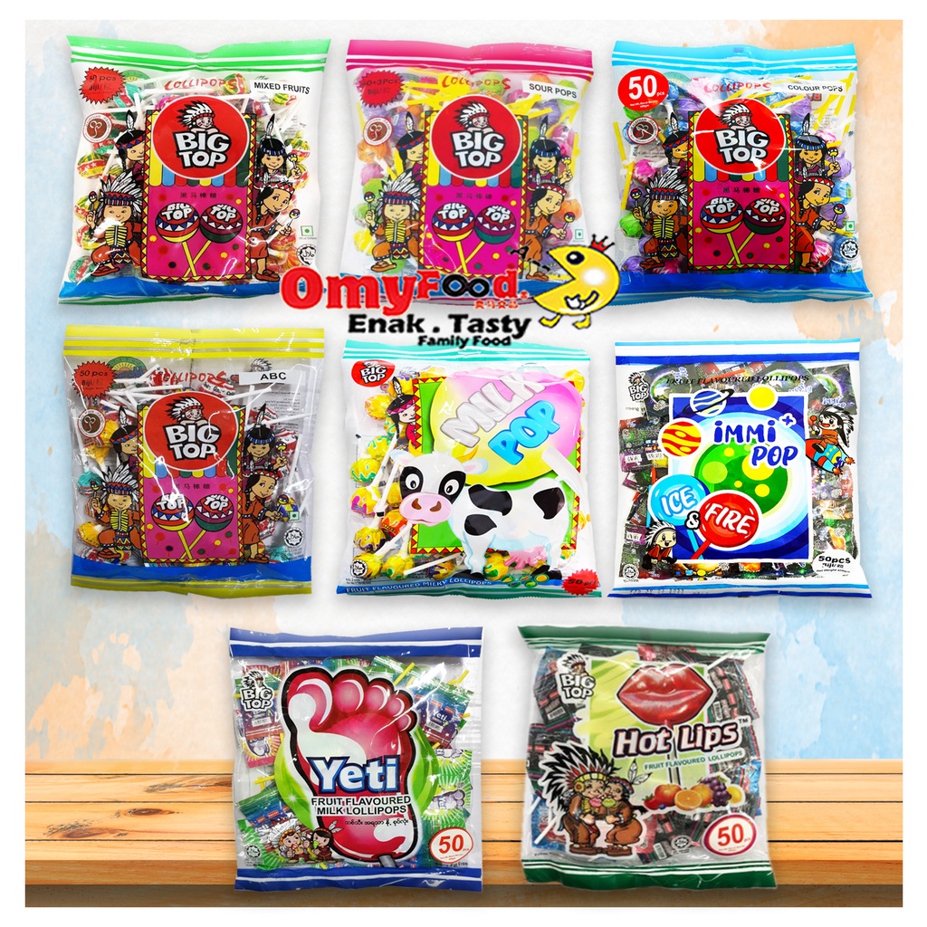 50pcs Big Top Lollipop [Mixed Fruit/Sour Pop/Colour Pop/ABC/Milk/Immi+ Ice & Fire Pop/Yeti/Hot ...