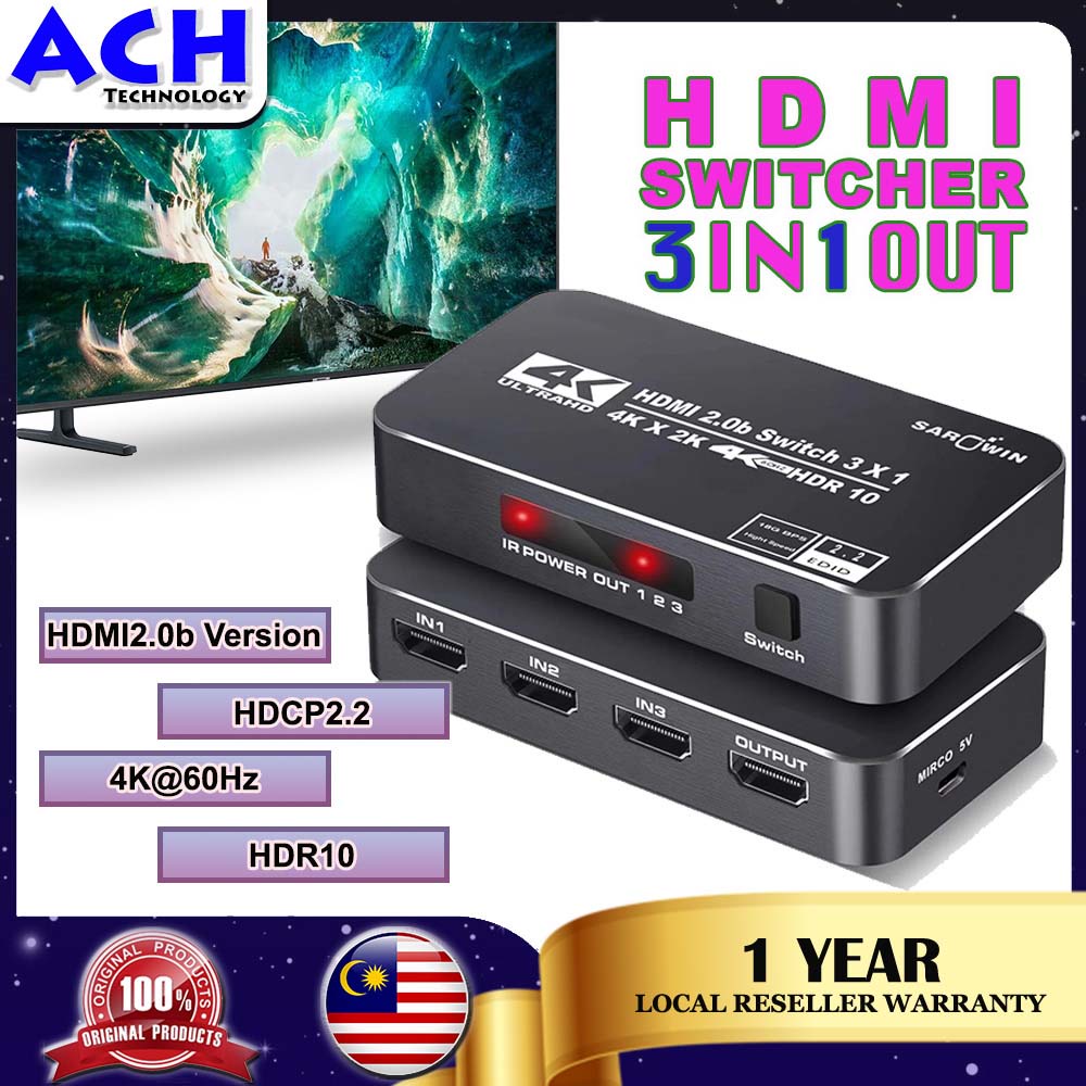 SAROWIN 4K HDMI 3/5 In 1 Out Switcher with Remote ( HDMI 2.0b ...