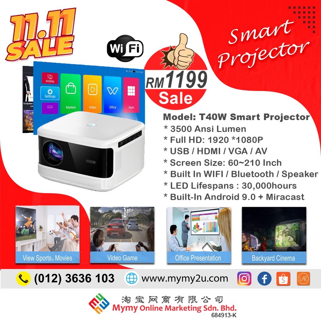 T40 Full HD Led Projector 3500 Lumens HDMI USB support 1080p Portable ...