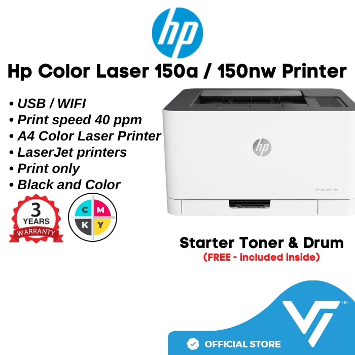 Hp Color Laser 150a (USB) 4ZB94A / 150nw (Wifi) 4ZB95A Printer (Print Only, A4 & A1 Laser ...