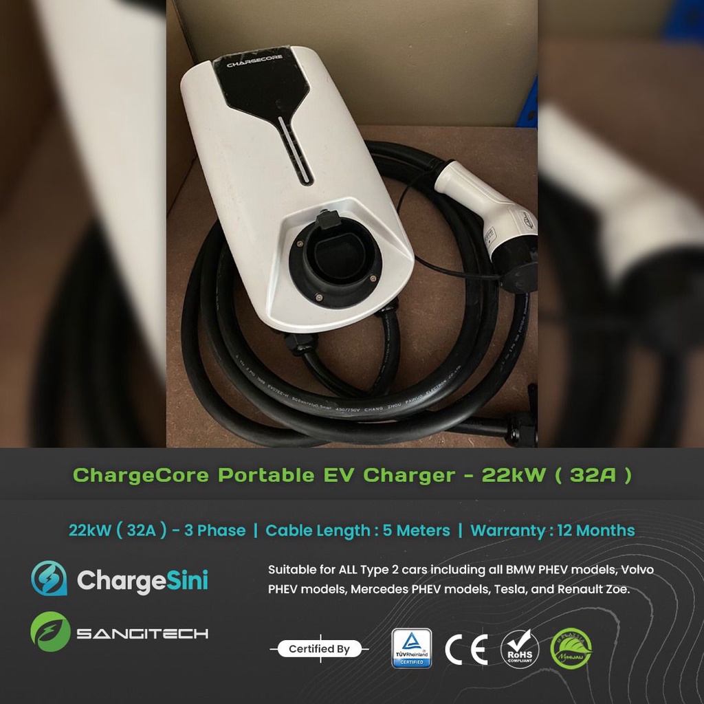 ChargeCore Portable EV Charger Come With Cable - 22kW (32A) | Shopee ...