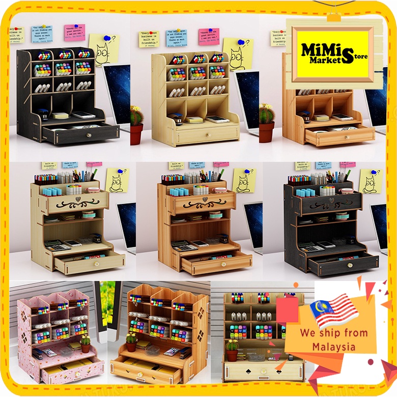 3 Jenis Style Office Student Desktop Multi Layer Pen Holder Wooden Desk ...