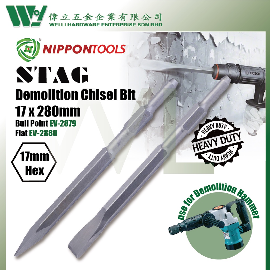 STAG Demolition Chisel Bit 17x280mm / Hacker Bit Point head Hex Head ...