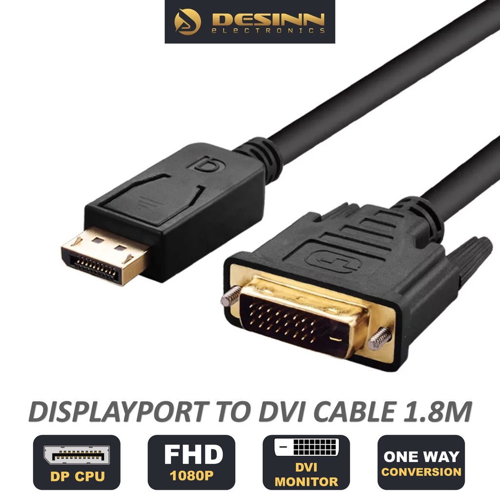 Desinn DisplayPort to DVI Adapter DP Cable 1.8m Converter Male to Male ...