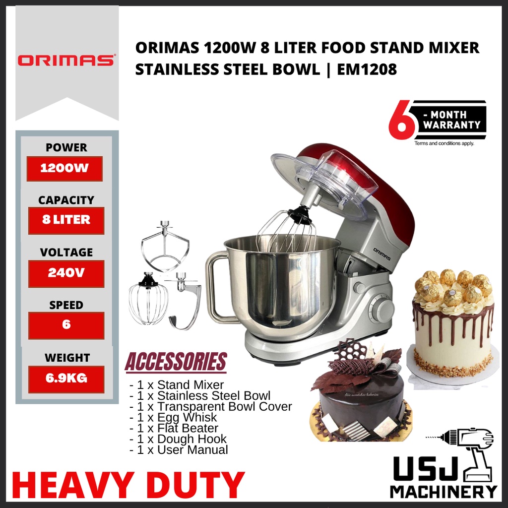 ORIMAS 1200W 8 liter Food Stand Mixer Stainless Steel Bowl EM1208 | 6 ...