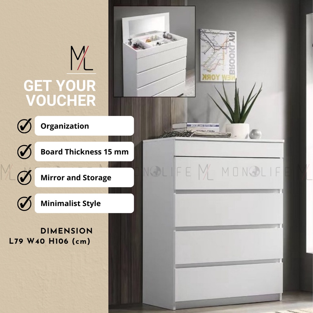 Monolife 4 Layers Chest Drawer Cabinet Drawer Baju Almari Putih Murah ...