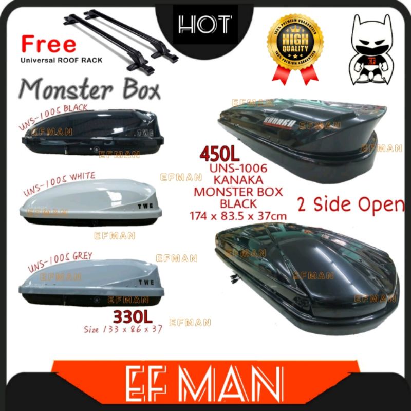 KANAKA MONSTER BOX CAR ROOF BOX 2 SIDE OPEN 330L 450L FREE ROOF RACK ...