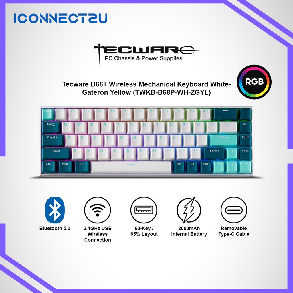 Tecware B68+ Wireless Mechanical Keyboard White - Gateron Yellow (TWKB ...