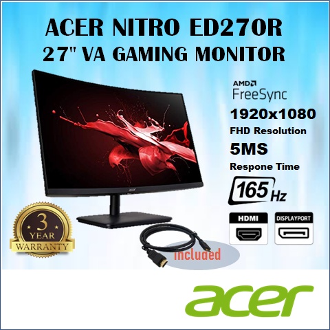 ACER NITRO ED270R Pbiipx 27" VA CURVED GAMING MONITOR 165Hz / 5ms ...