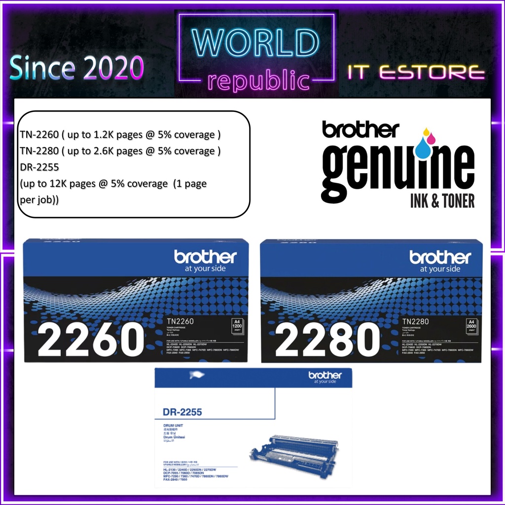 Brother Original Toner - TN2260 TN-2260 TN2280 TN-2280 DR2255 DR-2455 ...