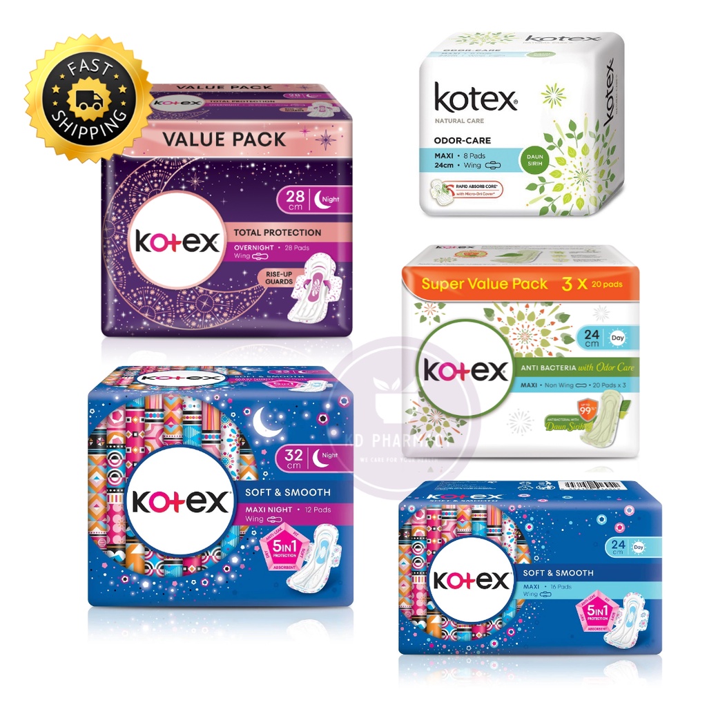 Kotex Soft & Smooth Maxi Wing , Kotex Total Protection Overnight, Kotex Daun sirih anti ...
