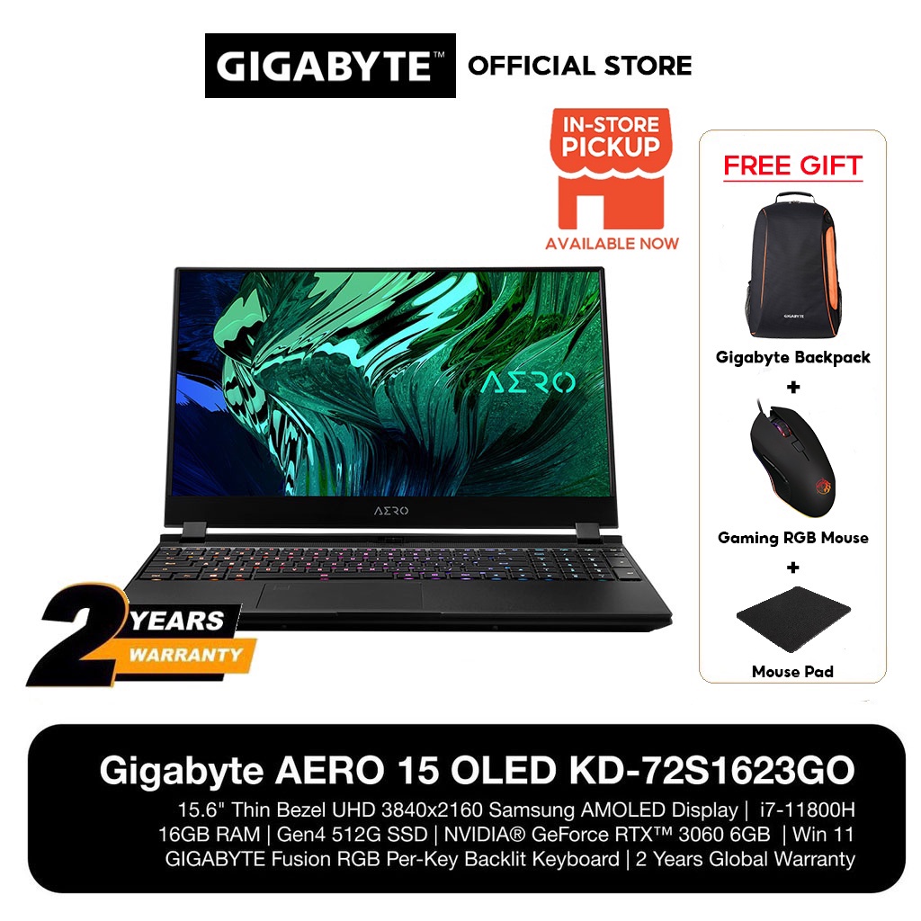 GIGABYTE AERO 15 OLED KD GAMING LAPTOP ( I7-11800H 16GD4 512SSD / RTX3060 6GDR6 / 15.6" OLED UHD ...