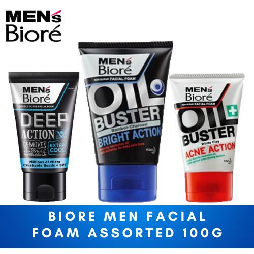 Biore Men Double Scrub Extra Cool/Acne/ Bright Facial Foam 100g ...