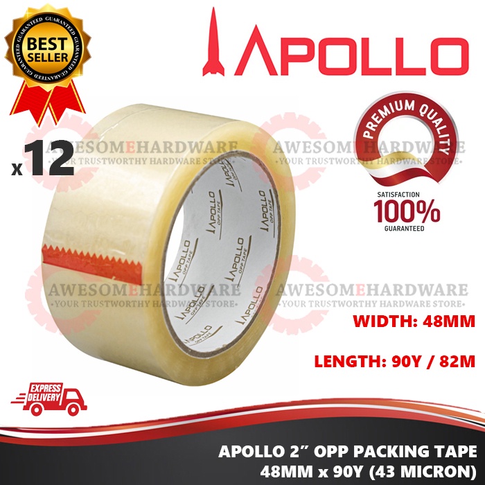 (12 PCS) APOLLO OPP TAPE 2" 48MMX90YARDS 43MICRON CLEAR TRANSPARENT ...
