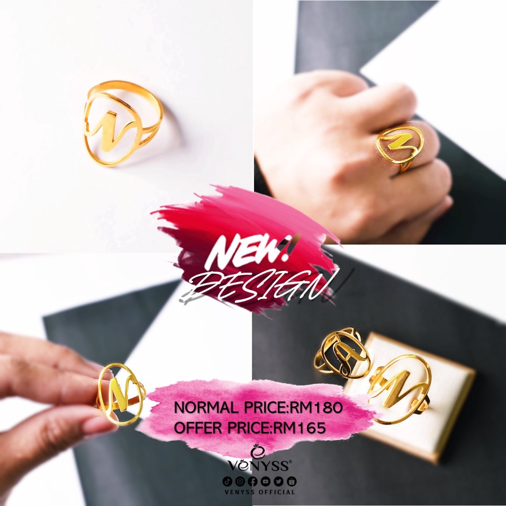 Venyss Cincin Huruf Single Letter Round Frame Ring Perak Sadur Emas ...