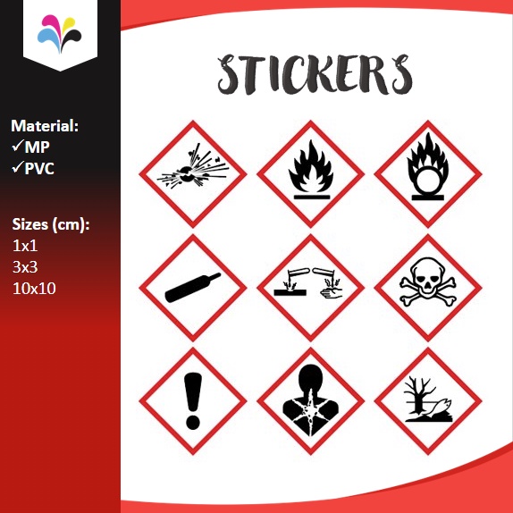 Hazard label sticker GHS pictogram Explosives flammables Oxidisers ...
