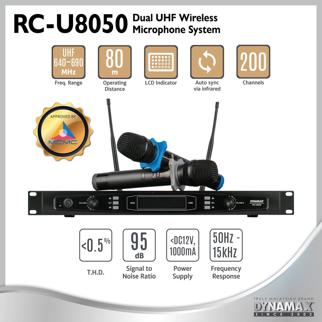 DYNAMAX RC-U8050 UHF Wireless Microphone Cordless Microphone with MCMC ...