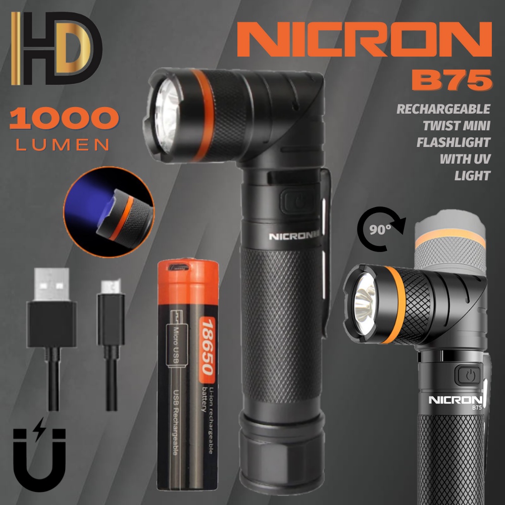 NICRON B75 Bi-LED UV Light Swivel Rechargeable Flash Light / 1000 Lumen ...