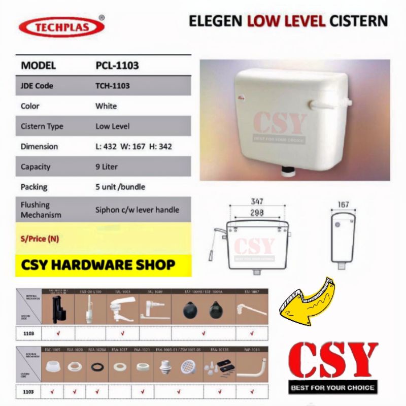 TECHPLAS 1103-LL 9 Liter Elegen Plastic Toilet Cistern Low Level / Tangki Tandas | Shopee Malaysia