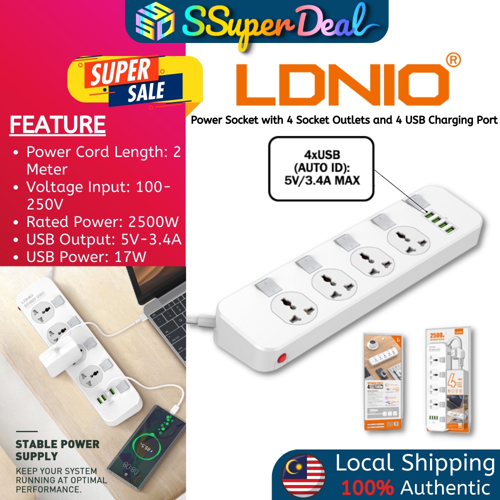 LDNIO SC4408 Power Socket with 4 Socket Outlets and 4 USB Charging Port ...
