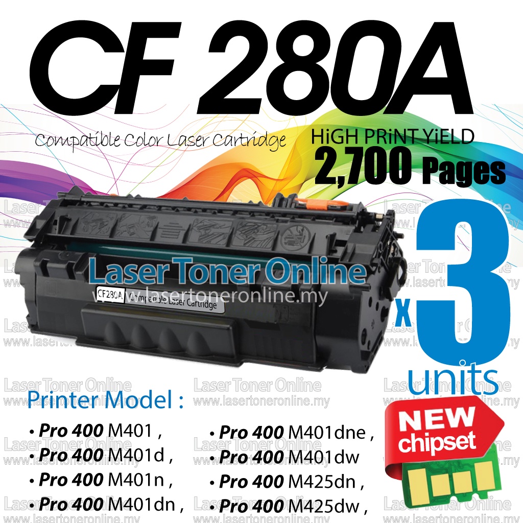 3x CF280A 80A HP80A CF280X Compatible to HP LaserJet Pro 400 M401 M401d ...