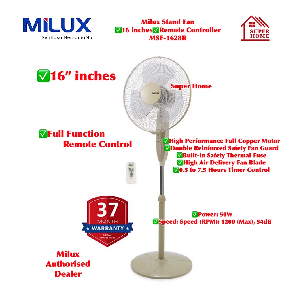 Milux Stand Fan MSF-1628R (16") 16 inches Standing Fan with Remote ...
