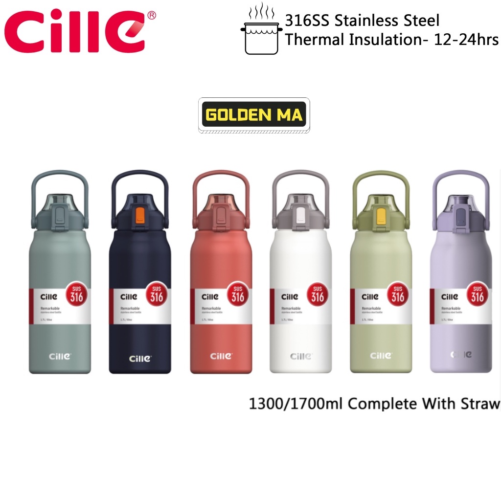Cille 1.3L/1.7L 316SS Stainless Steel Vacuum Flask Thermoses Water Bottle Premium Bottle (Double ...