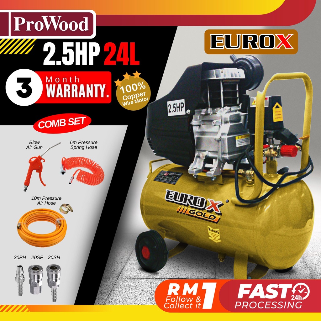 PROWOOD EUROX GOLD EAW2524 Air Compressor Combo Set 24L 2.5HP 240V 8 Bar Air Gun Compressor ...