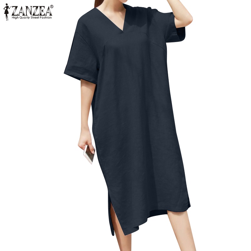 Zanzea Women Korean Casual Loose Short Sleeve V Neck Cotton Mini Shift