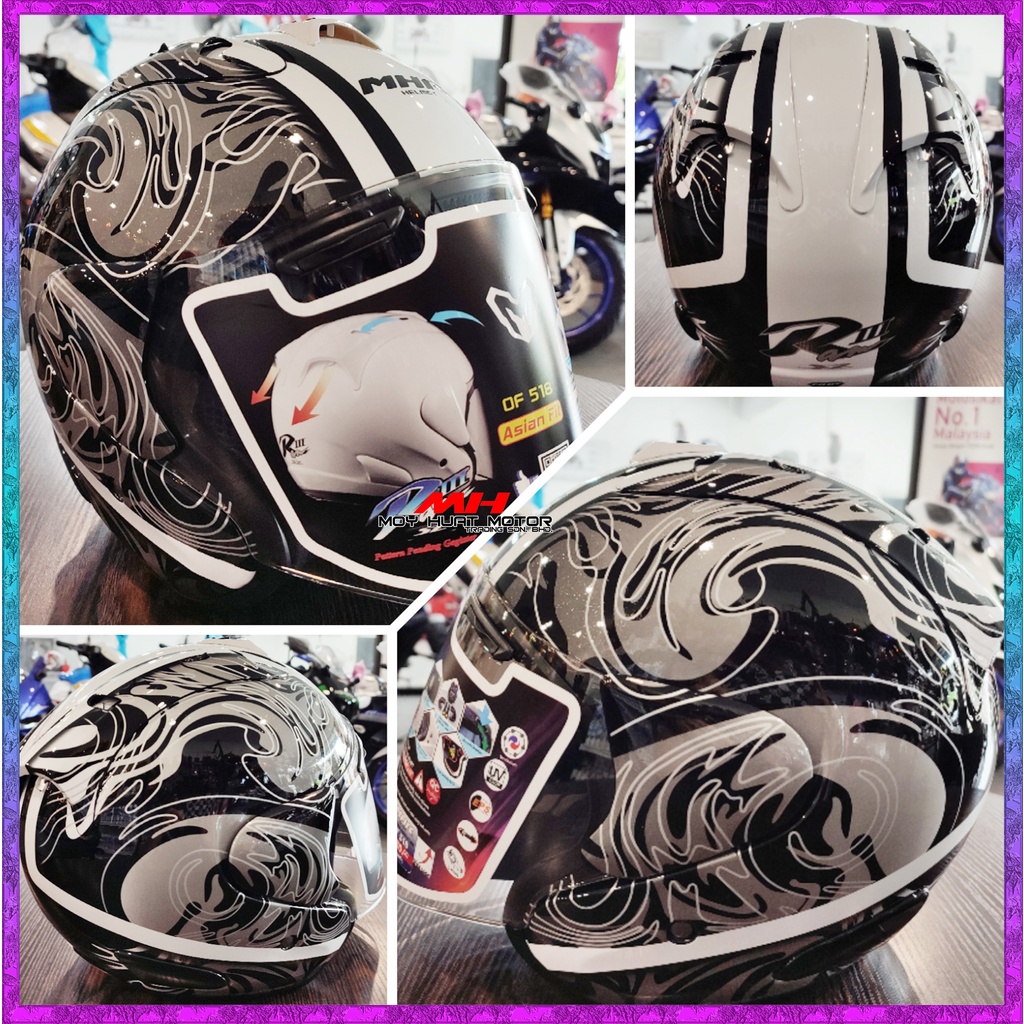MHR V518 RIPTIDE SILVER OPEN FACE HELMET WITH SIRIM / RAM 3 DESIGN ...