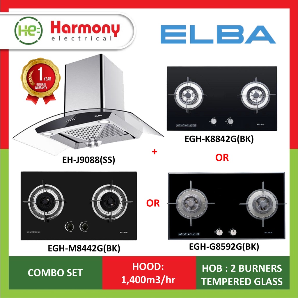 ELBA INFINITO EH-J9088(SS) 1,400m3/hr Cooker Hood + ELBA 2 Burners Gas ...
