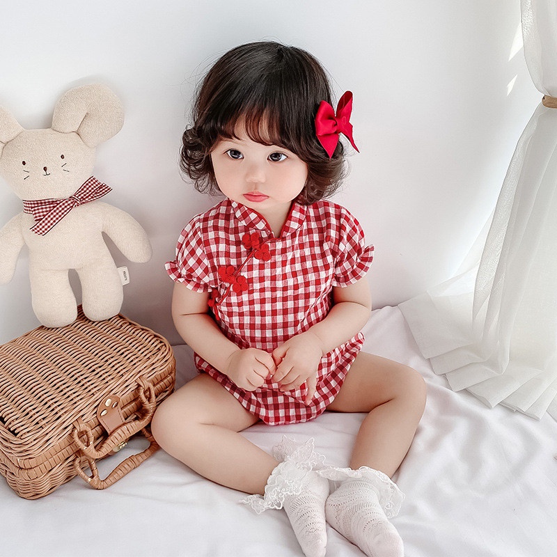 New Year Cheongsam Red Plaid Bubble sleeves Baby Romper Babysuits ...